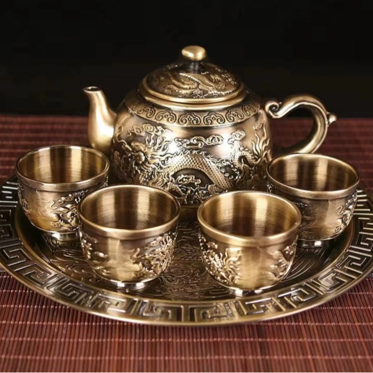 Dragon Phoenix 999 Pure Silver Tea Set - Teapot and 4 Cups in Elegant ...